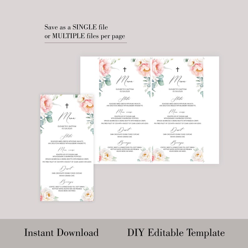 Peonies Baptism Menu Card Template, Floral Menu, Religious Menu Cards ...