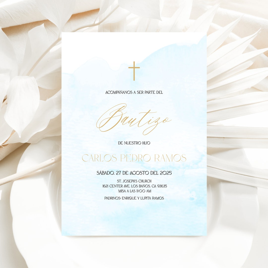 Invitacion De Bautizo Azul Claro, Bautizo Invitation in Spanish ...