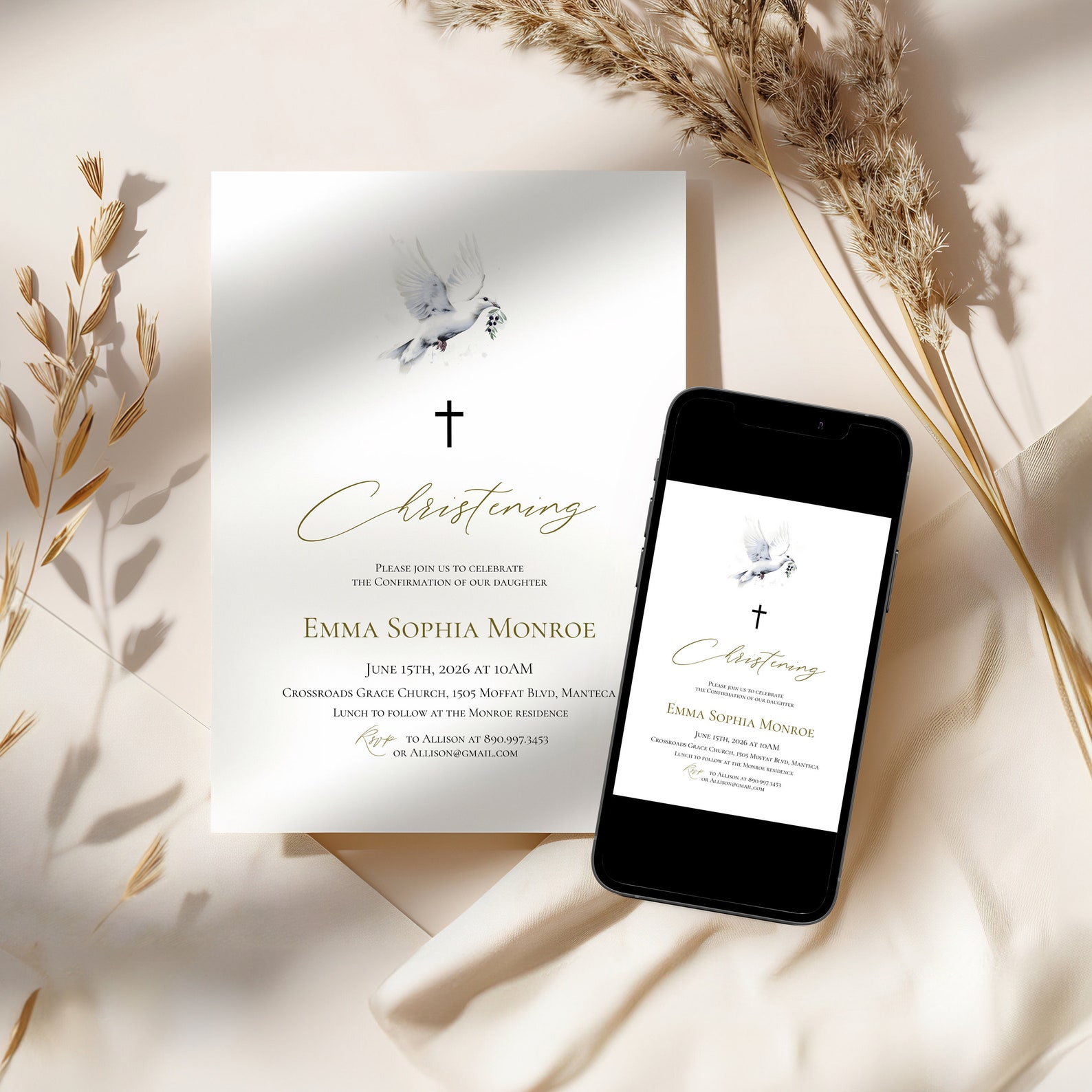 Christening Invitation With Dove Religious Invitation Olive Branch ...