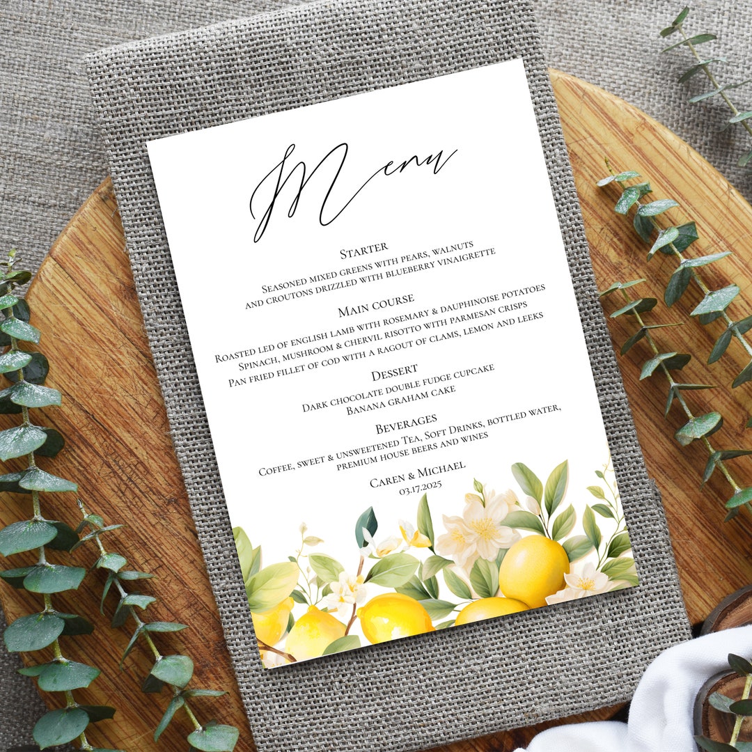 Lemon Menu Card Template Citrus Menu Printable Spring Menu Editable ...