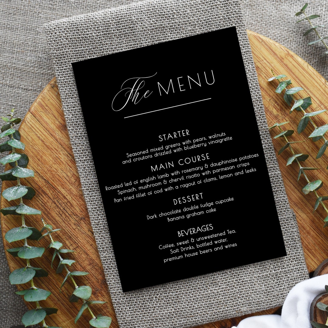 Black Menu Card Template, Minimalist Menu, Modern Menu, Minimal Menu ...