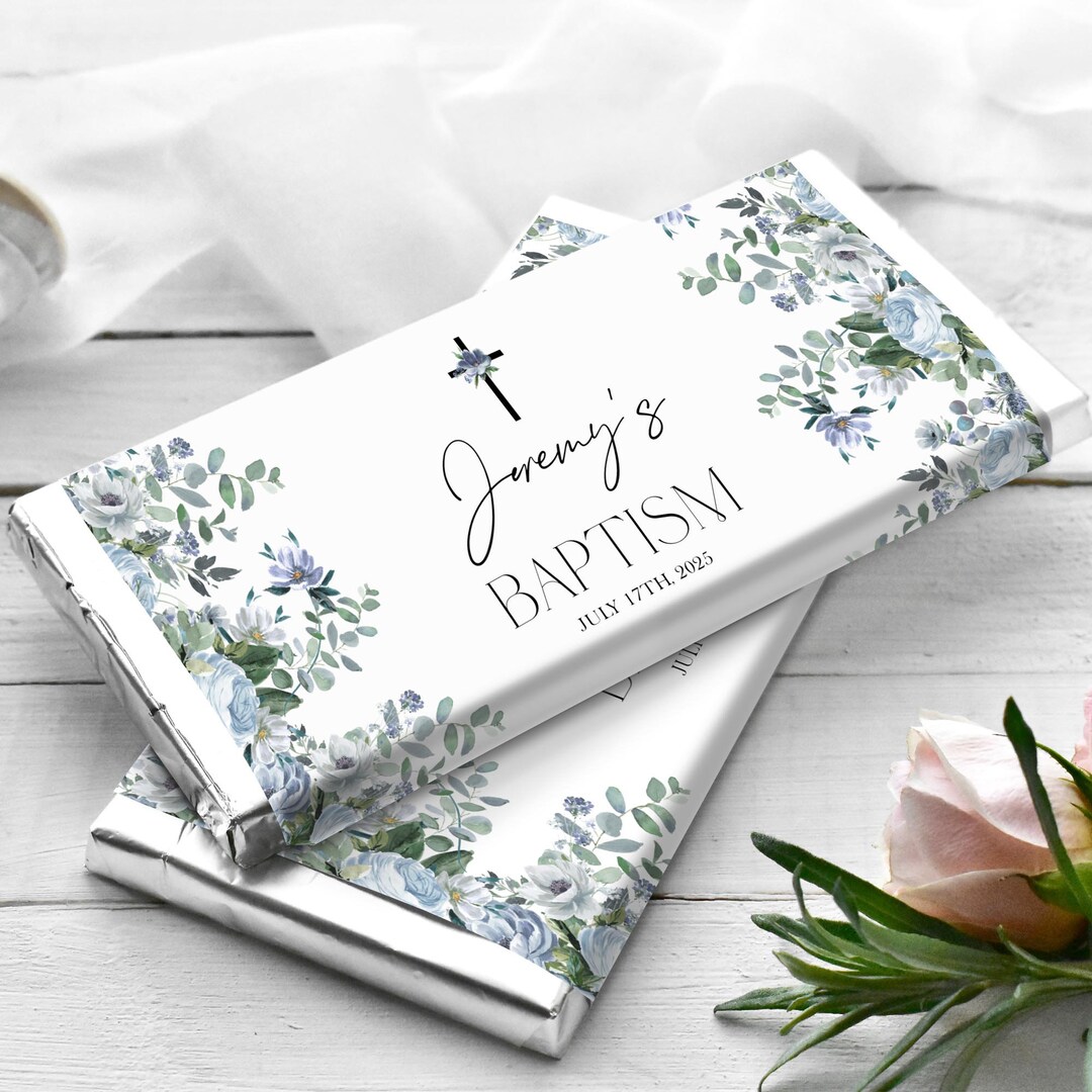 Blue Floral Chocolate Bar Wrapper Template, Boy Baptism Chocolate Bar ...