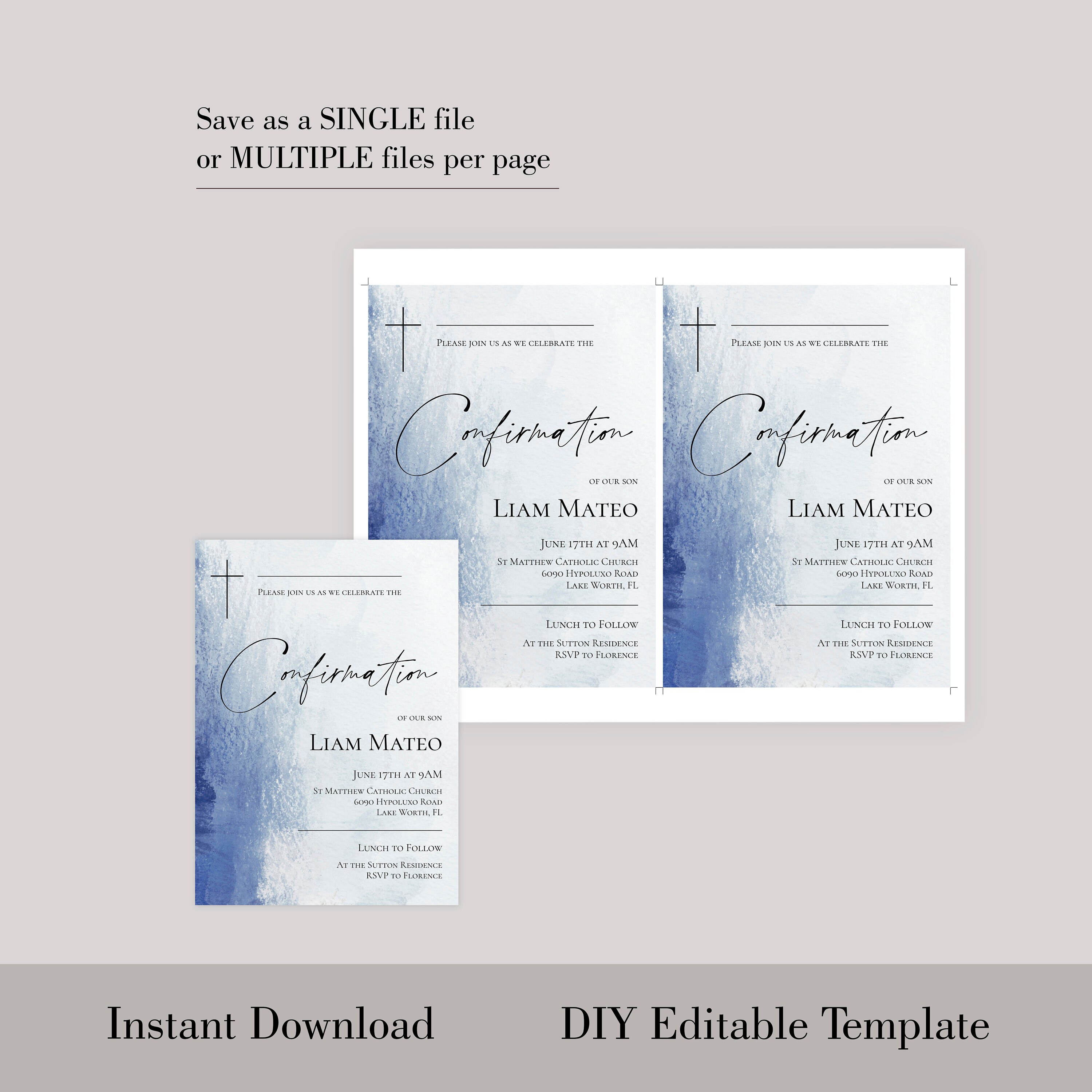 Navy Blue Confirmation Invitation Template Modern Boy Confirmation Boy ...
