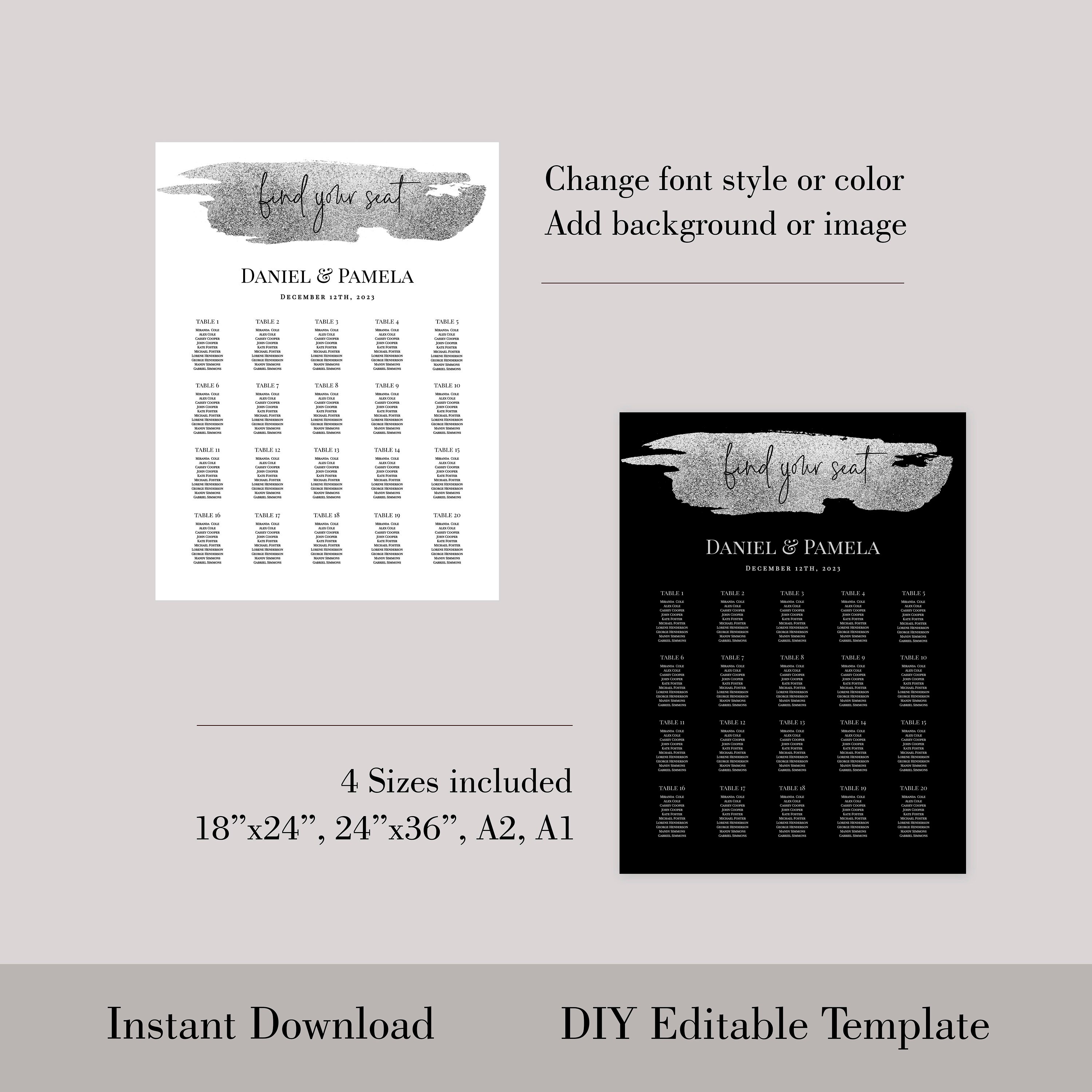 Black and Silver Wedding Seating Chart Template 100% - Etsy