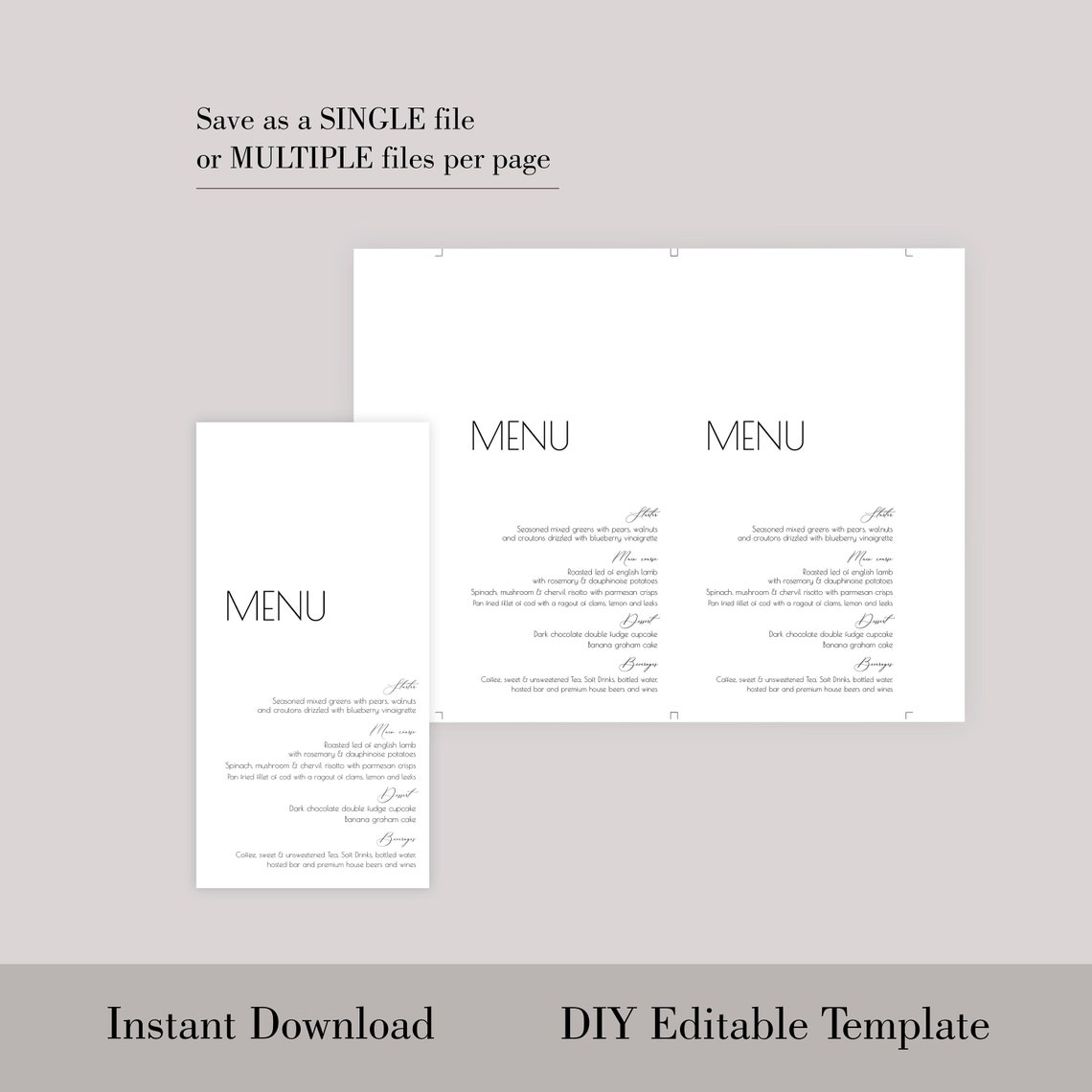 Simple Modern Menu Card Template Minimal Wedding Menu 100% | Etsy