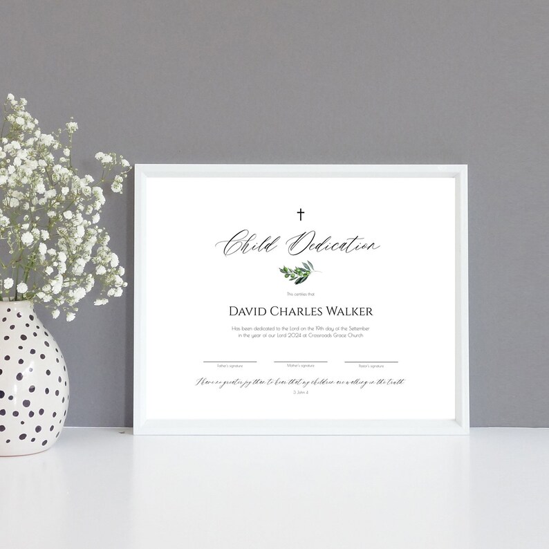 Olive Branch Child Dedication Certificate Template 100% - Etsy