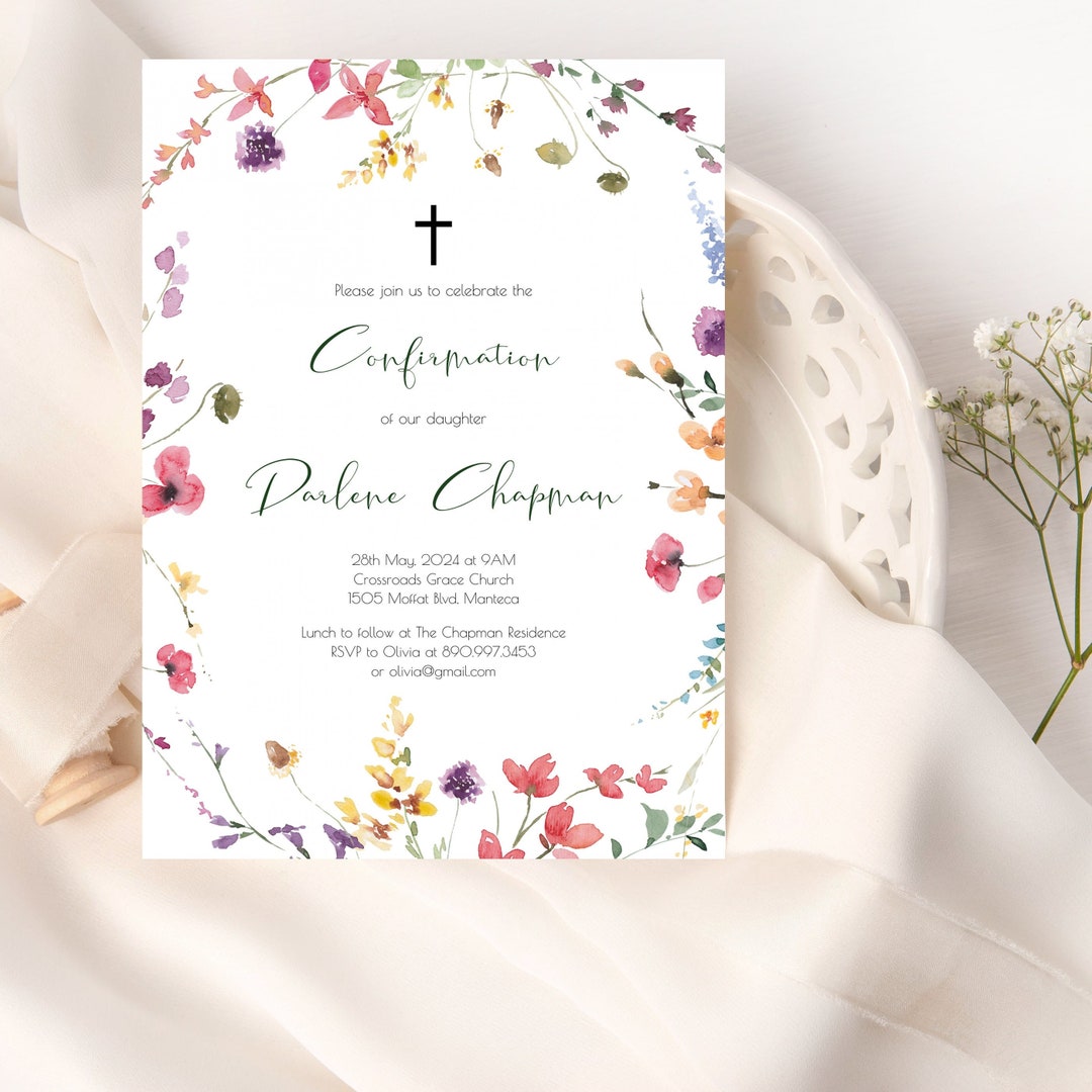 Wildflower Confirmation Invitation, Rustic Confirmation Template, Girl ...