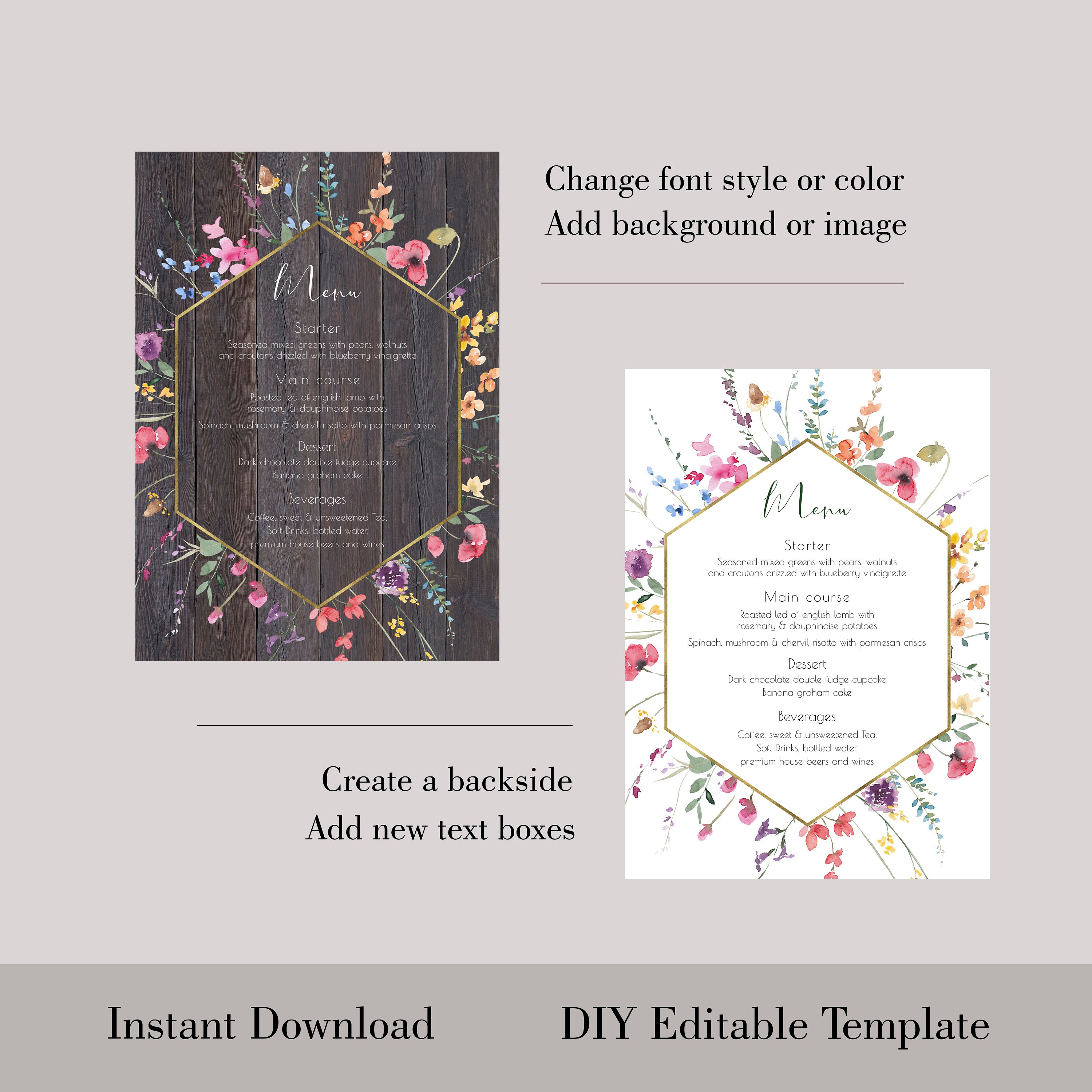 Wildflower Menu Card Template Colorful Floral Menu Card - Etsy
