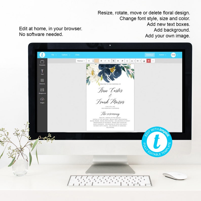 Fan Program Template, Navy Fan Program, Wedding Fan Program, Floral ...