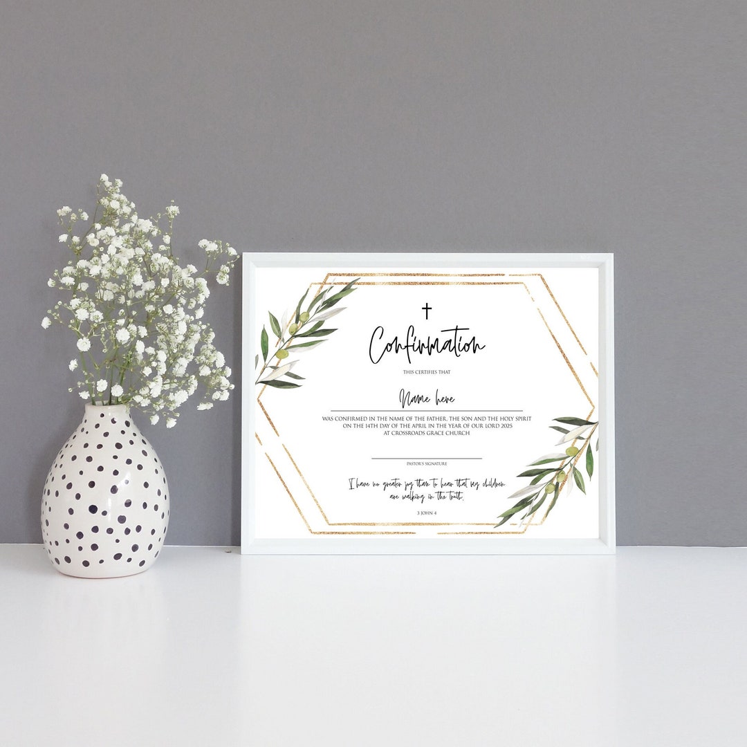 Confirmation Certificate With Olive Branch Editable Confirmation ...
