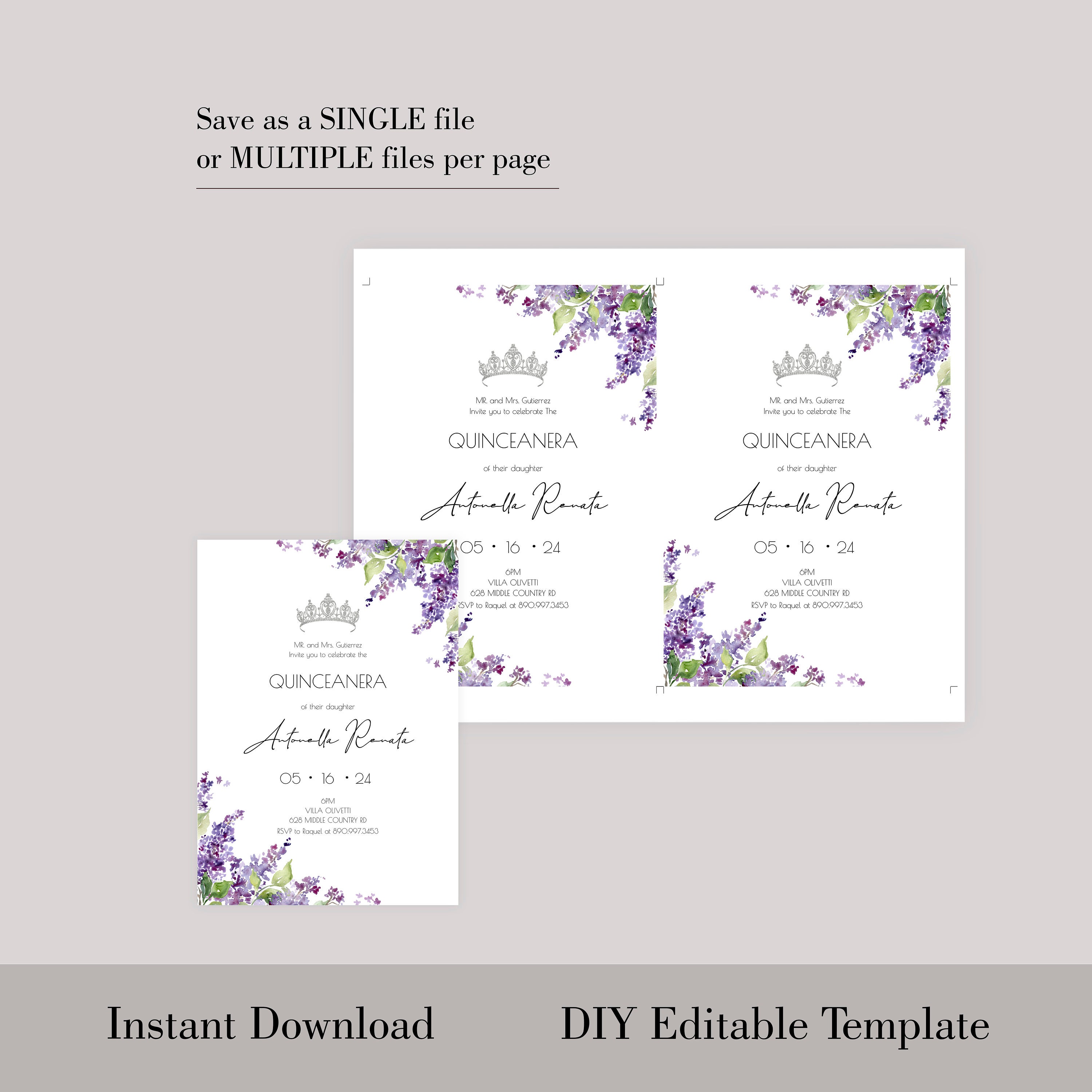Lilac Floral Quinceanera Invitation Template Mis Quince Anos - Etsy