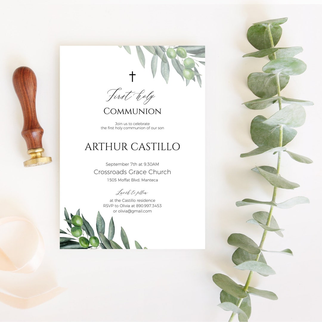 Olive Branch First Communion Invitation Template, Boy First Communion ...