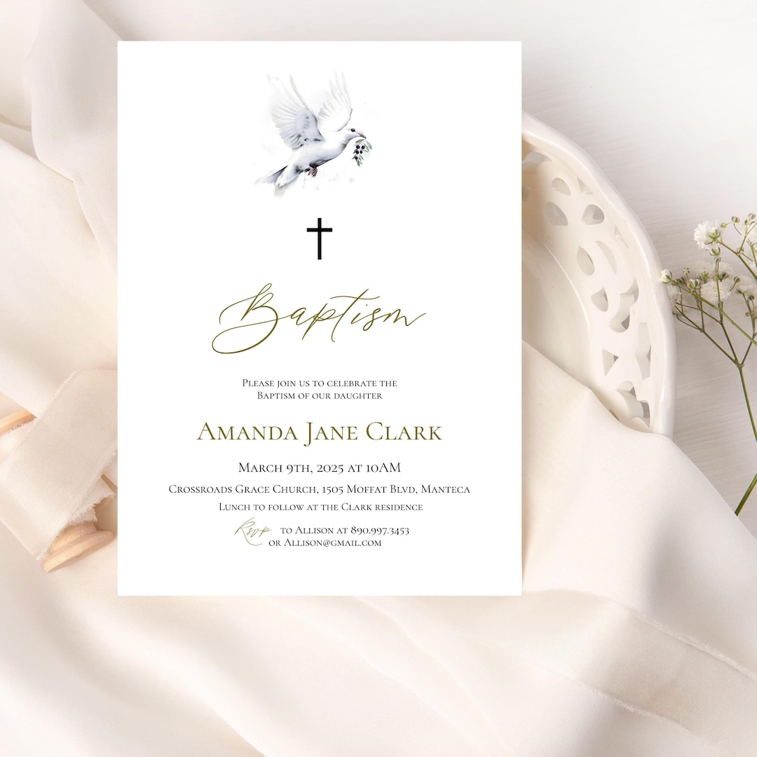Baptism Invitation With Dove Religious Invitation With Olive Branch ...