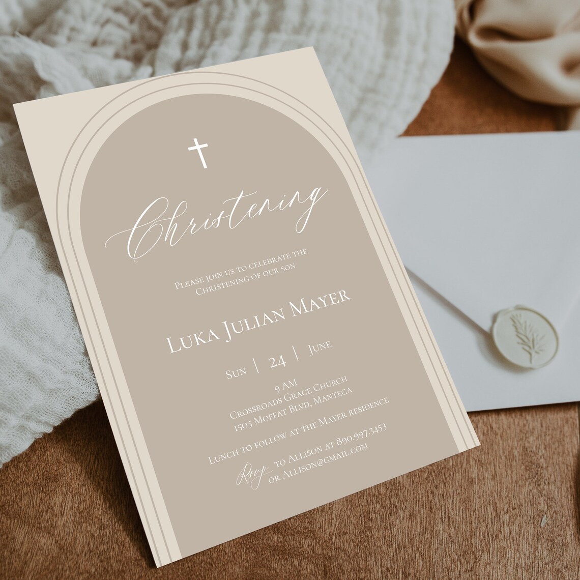 Beige Christening Invitation Template Christening With Arch Religious ...