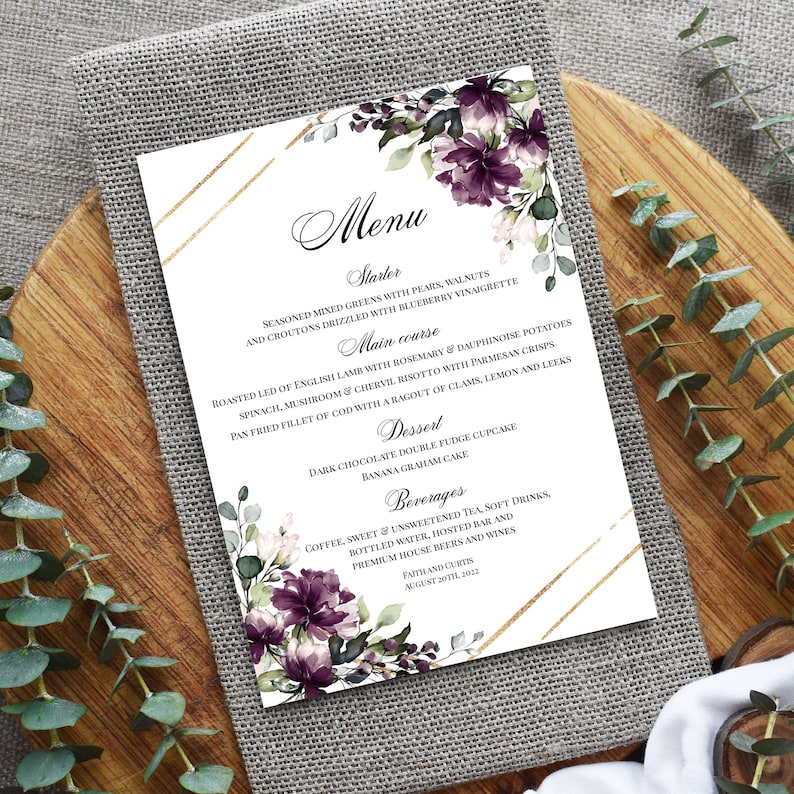 Purple Gold Menu Card Template Menu Template Purple Wedding | Etsy