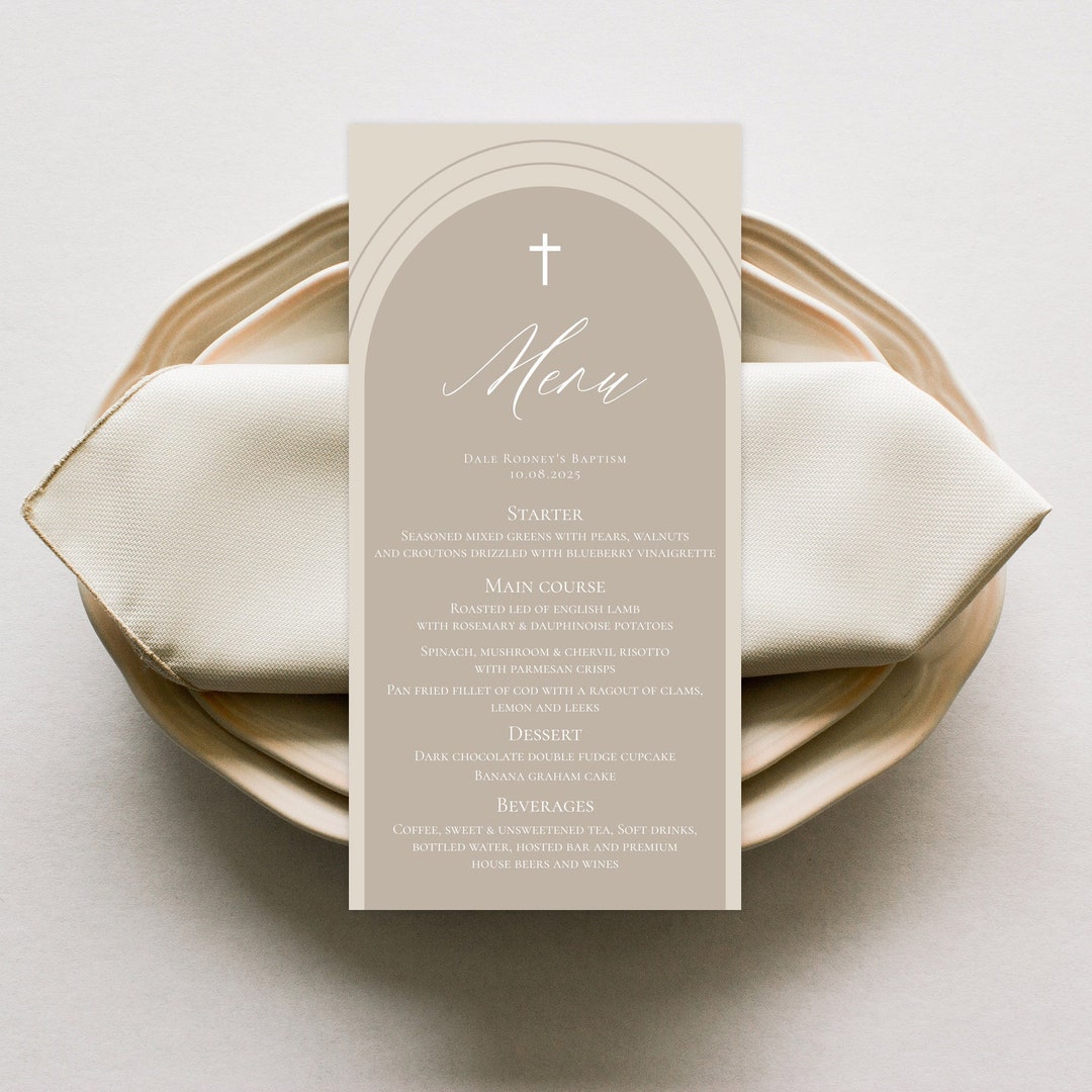 Beige Religious Menu With Arch Baptism Menu Card With Beige Arch ...