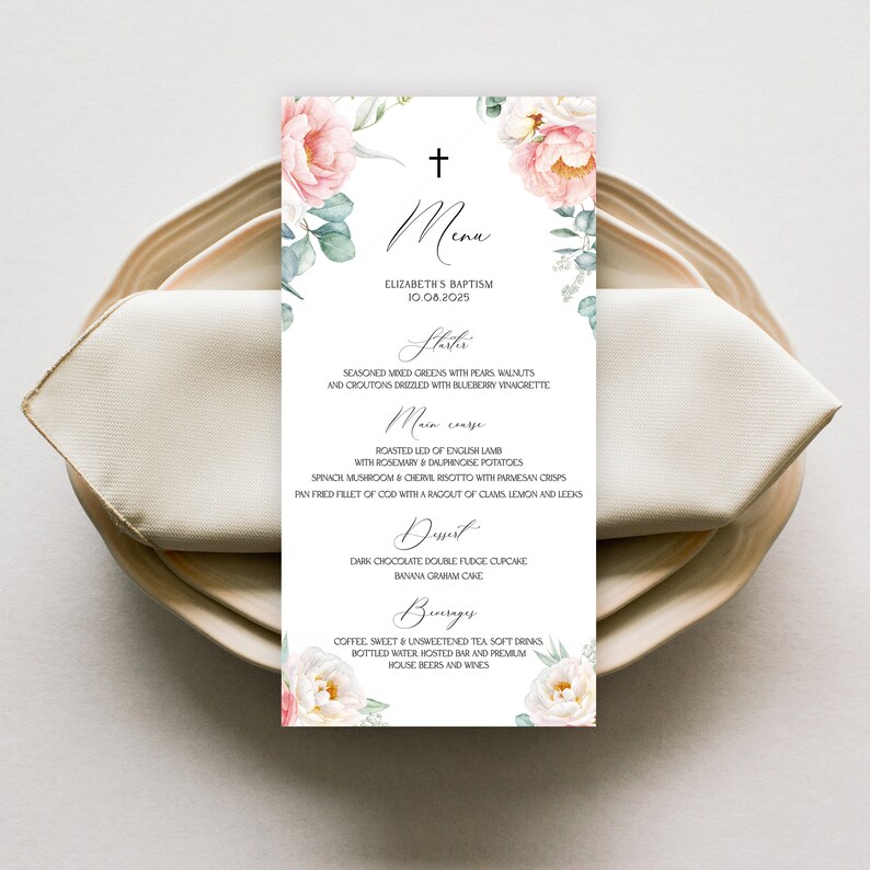 Peonies Baptism Menu Card Template Floral Menu Religious - Etsy