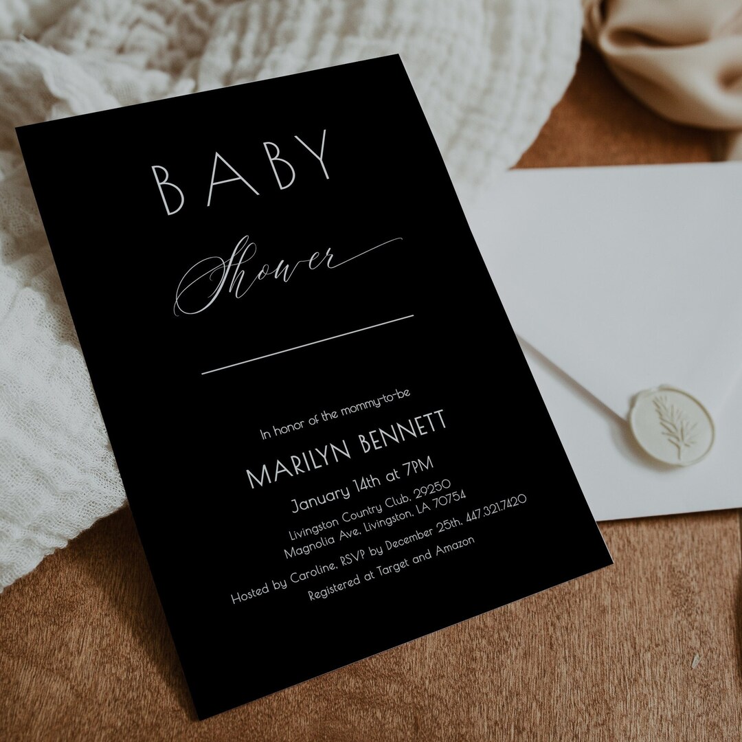 Black Baby Shower Invitation Template, Minimalist Baby Shower, 100% ...