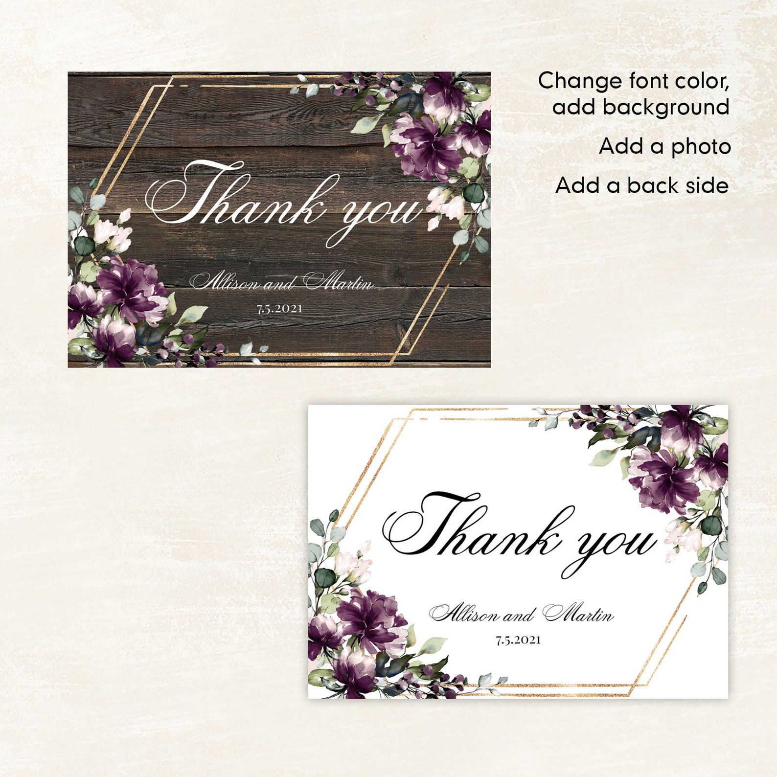Purple Thank You Card Thank You Card Templett Editable Thank | Etsy