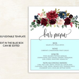 Editable 8x10 Burgundy Bar Menu, 8x10 Bar Menu Template, Marsala Bar ...