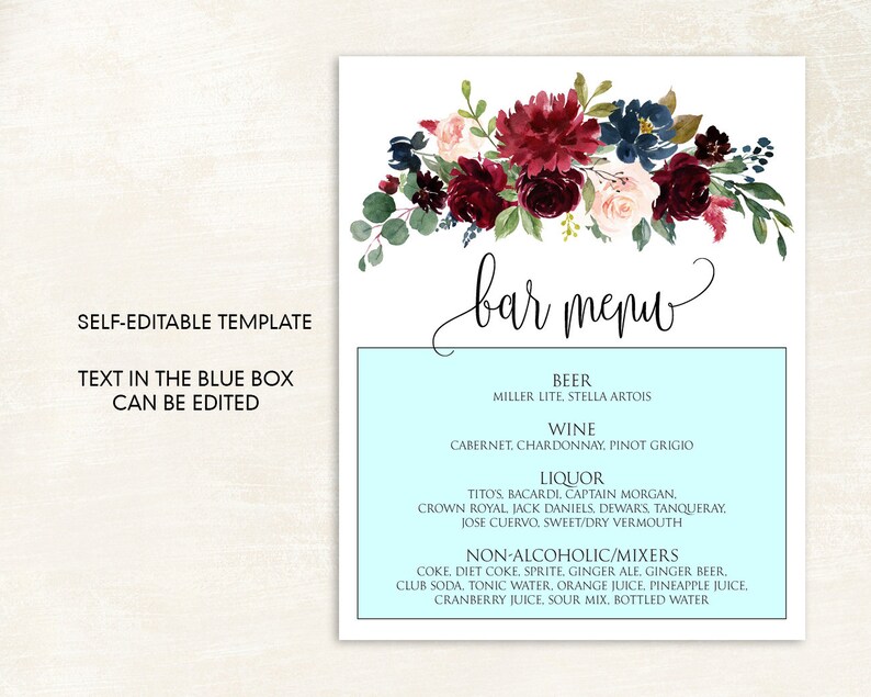 Editable 8x10 Burgundy Bar Menu, 8x10 Bar Menu Template, Marsala Bar ...