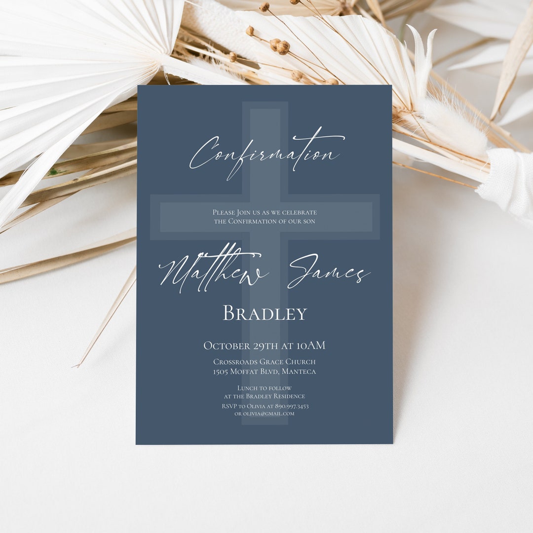 Dark Blue Modern Confirmation Invitation Template Cross Confirmation ...