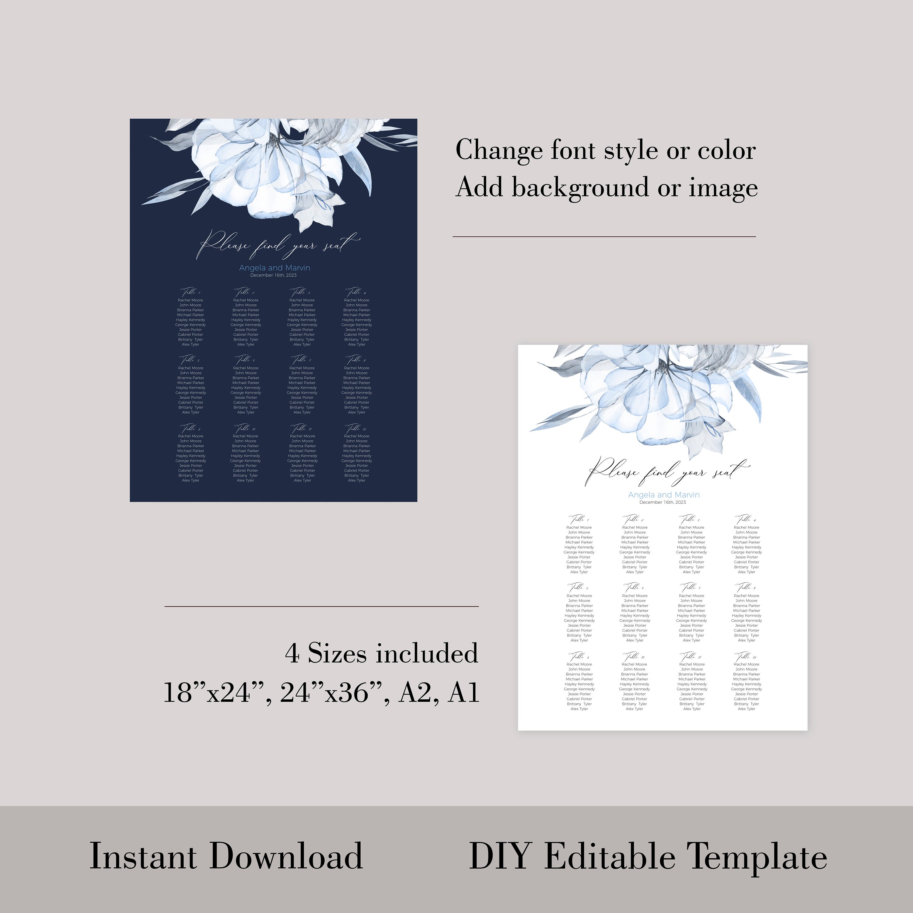 Dusty Blue Wedding Seating Chart Template 100% Editable | Etsy