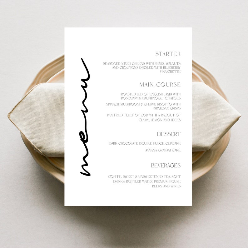 Minimalist Menu Card Template Simple Menu Cards Modern Menu - Etsy