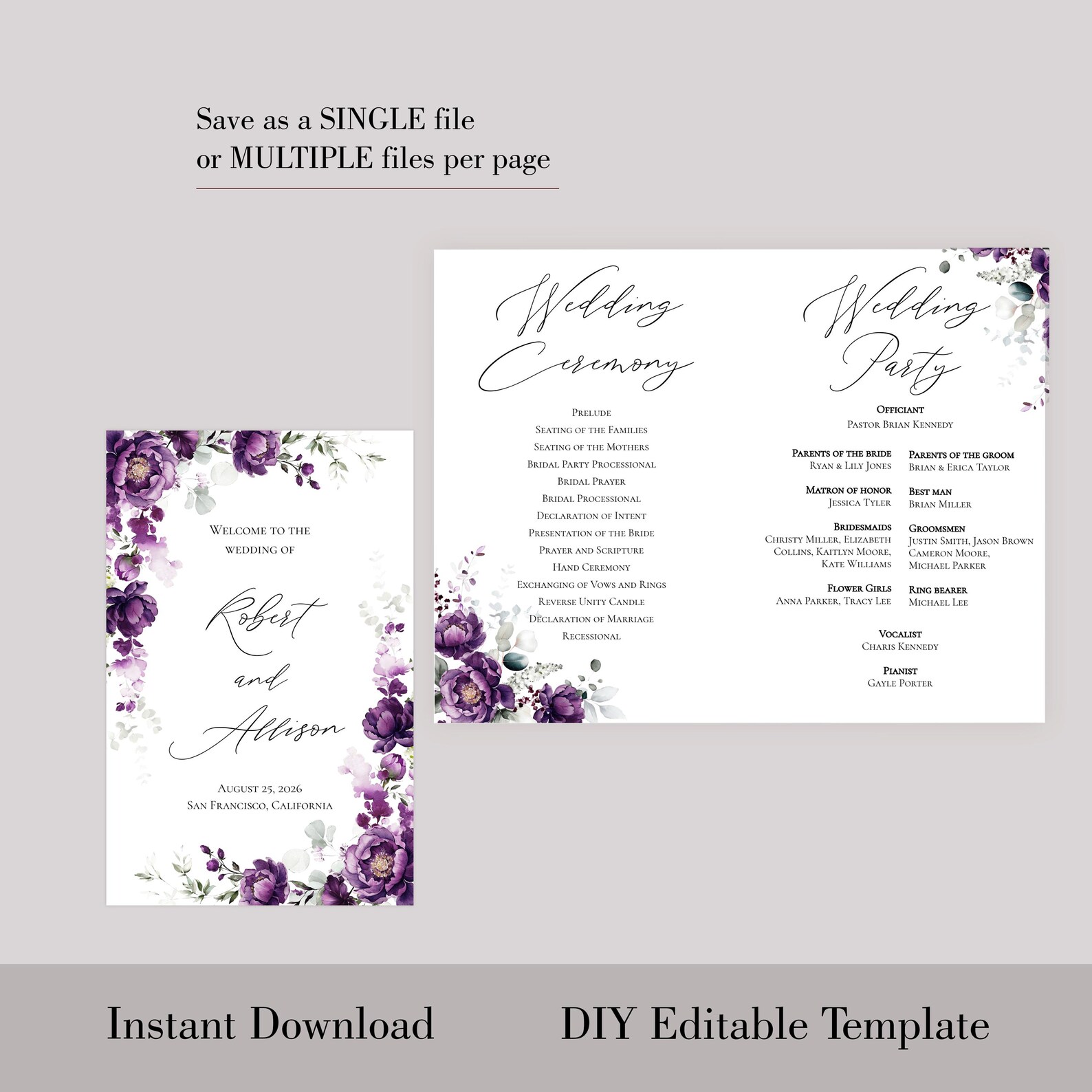 Purple Wedding Program Template Floral Folded Booklet Deep Purple ...