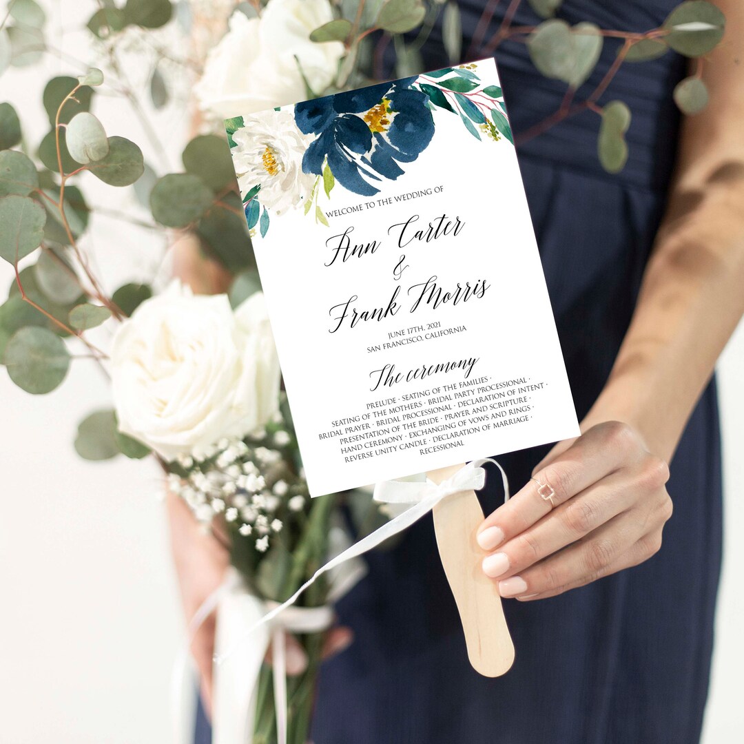 Fan Program Template, Navy Fan Program, Wedding Fan Program, Floral ...