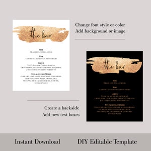 Black and Gold Bar Menu Template, Open Bar Menu, 8x10 Bar Menu, Modern ...