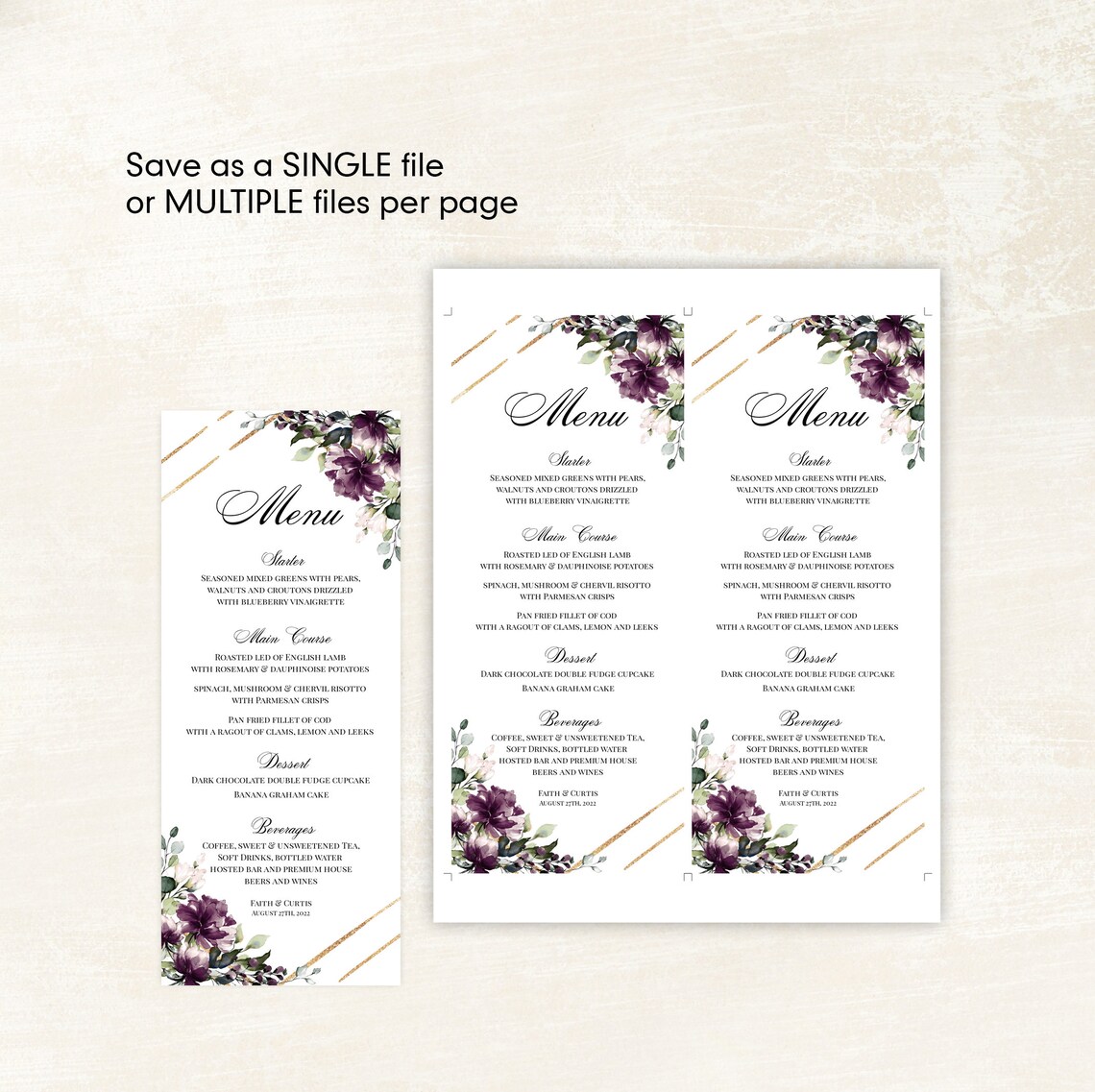 Purple Gold Menu Card Template Menu Template Purple Wedding | Etsy