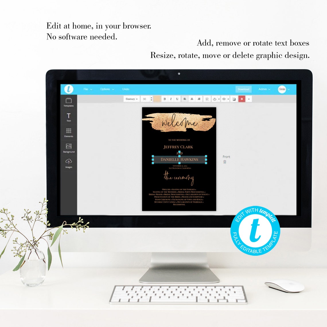 Black and Gold Fan Program Template, Wedding Fan Program, 100% Editable ...