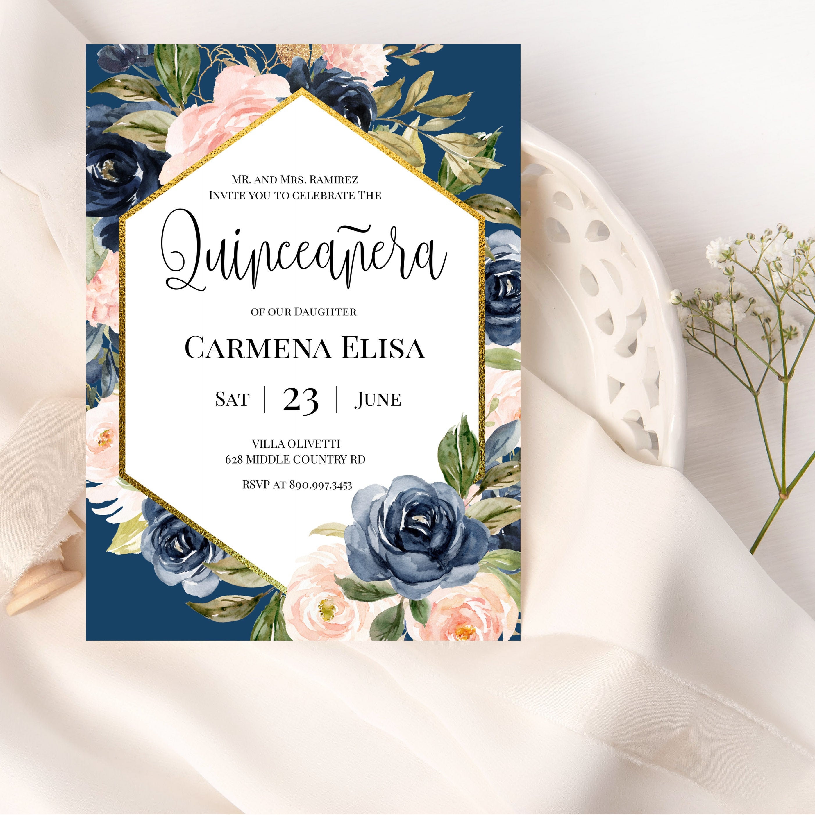 Navy Quinceanera Invitation Template Mis Quince Anos 15th - Etsy
