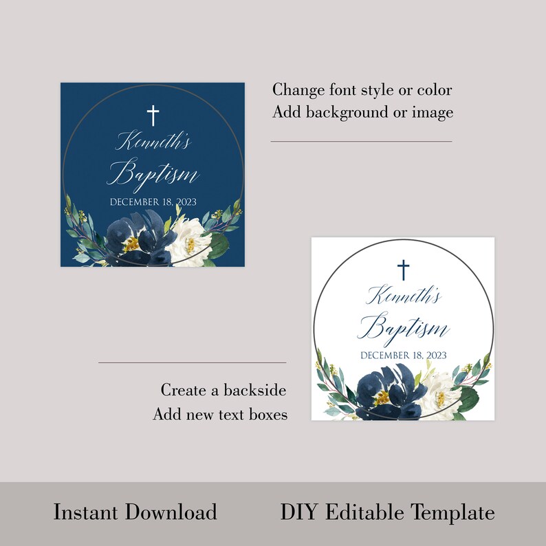 Navy Baptism Favor Tag Template Printable 100% Editable - Etsy