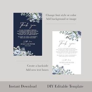 Blue Floral Thank You Note Template, 100% Editable, Dusty Blue Thank ...