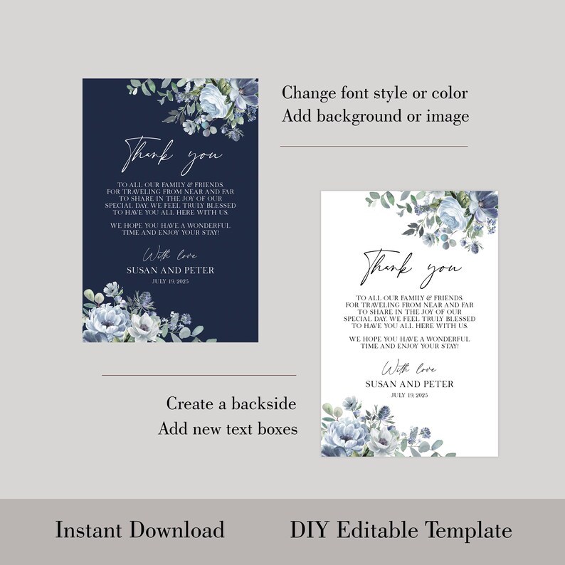 Blue Floral Thank You Note Template 100% Editable Dusty Blue - Etsy