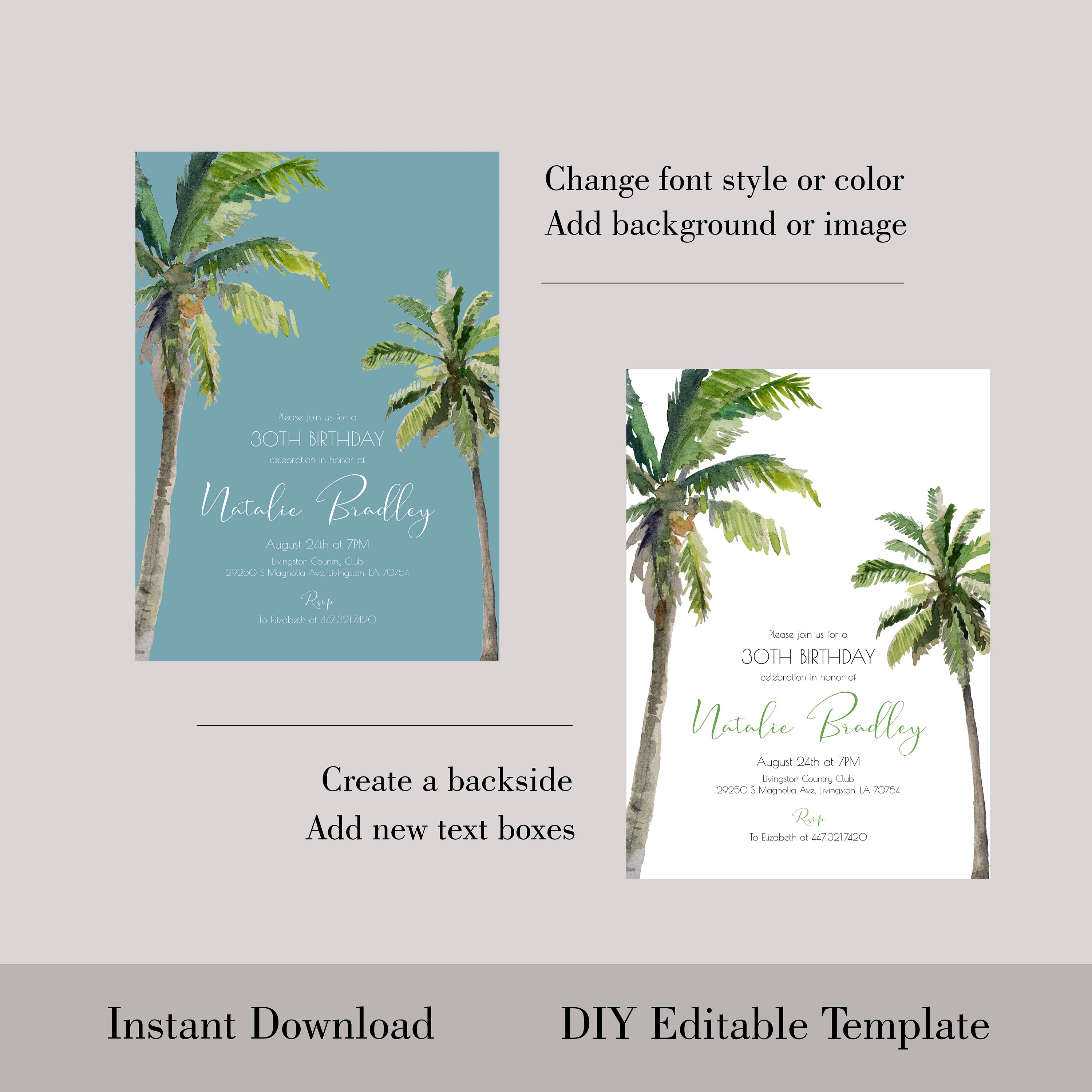 Palm Tree Birthday Invitation Template, 100% Editable, Printable, 30th ...