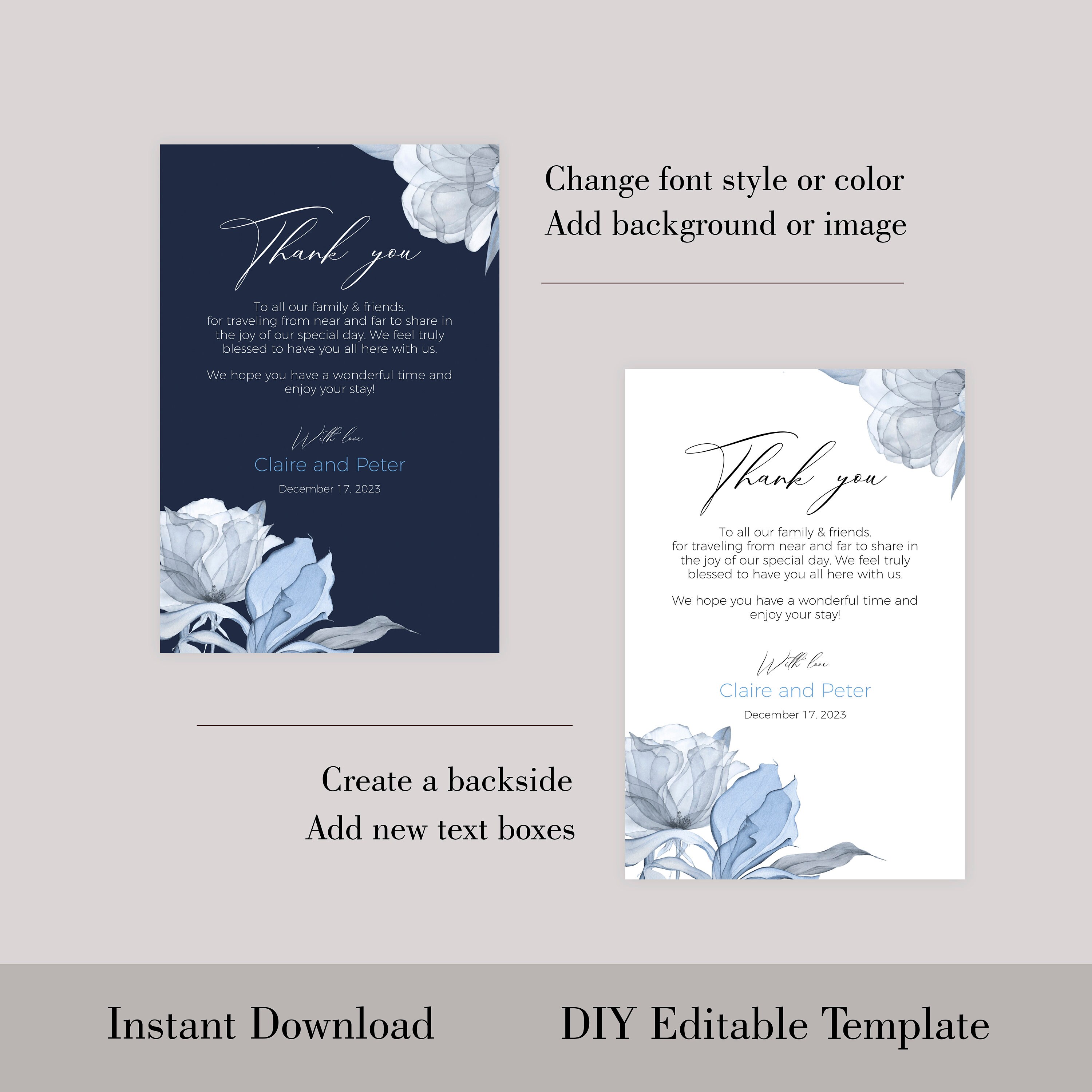 Dusty Blue Thank You Note Template 100% Editable Floral | Etsy