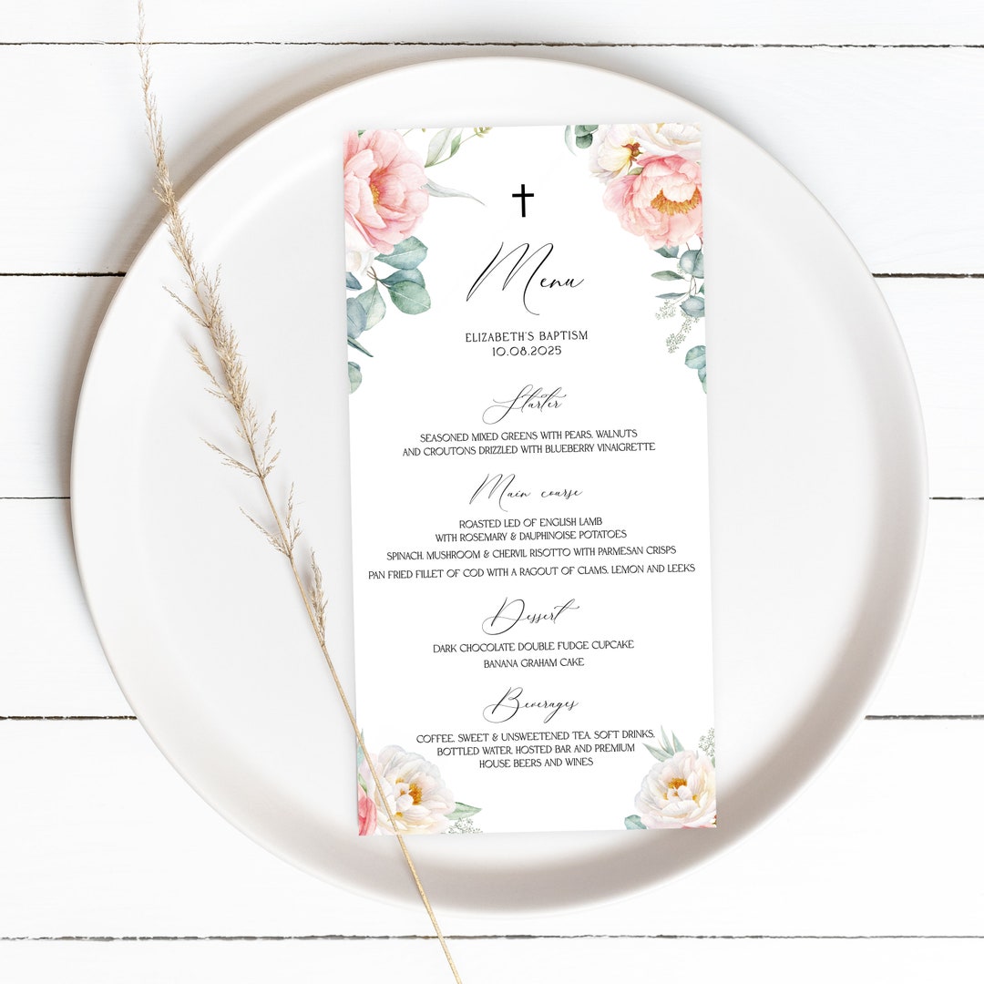 Peonies Baptism Menu Card Template, Floral Menu, Religious Menu Cards ...