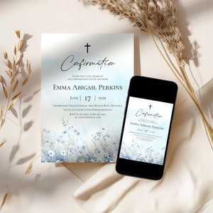Blue Wildflower Confirmation Invitation Rustic Confirmation Template ...