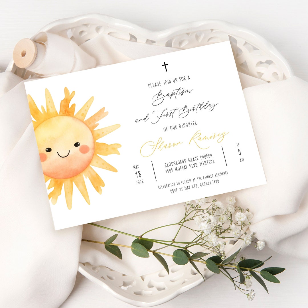 Sun Baptism and Birthday Invitation Template Gender Neutral Birthday ...