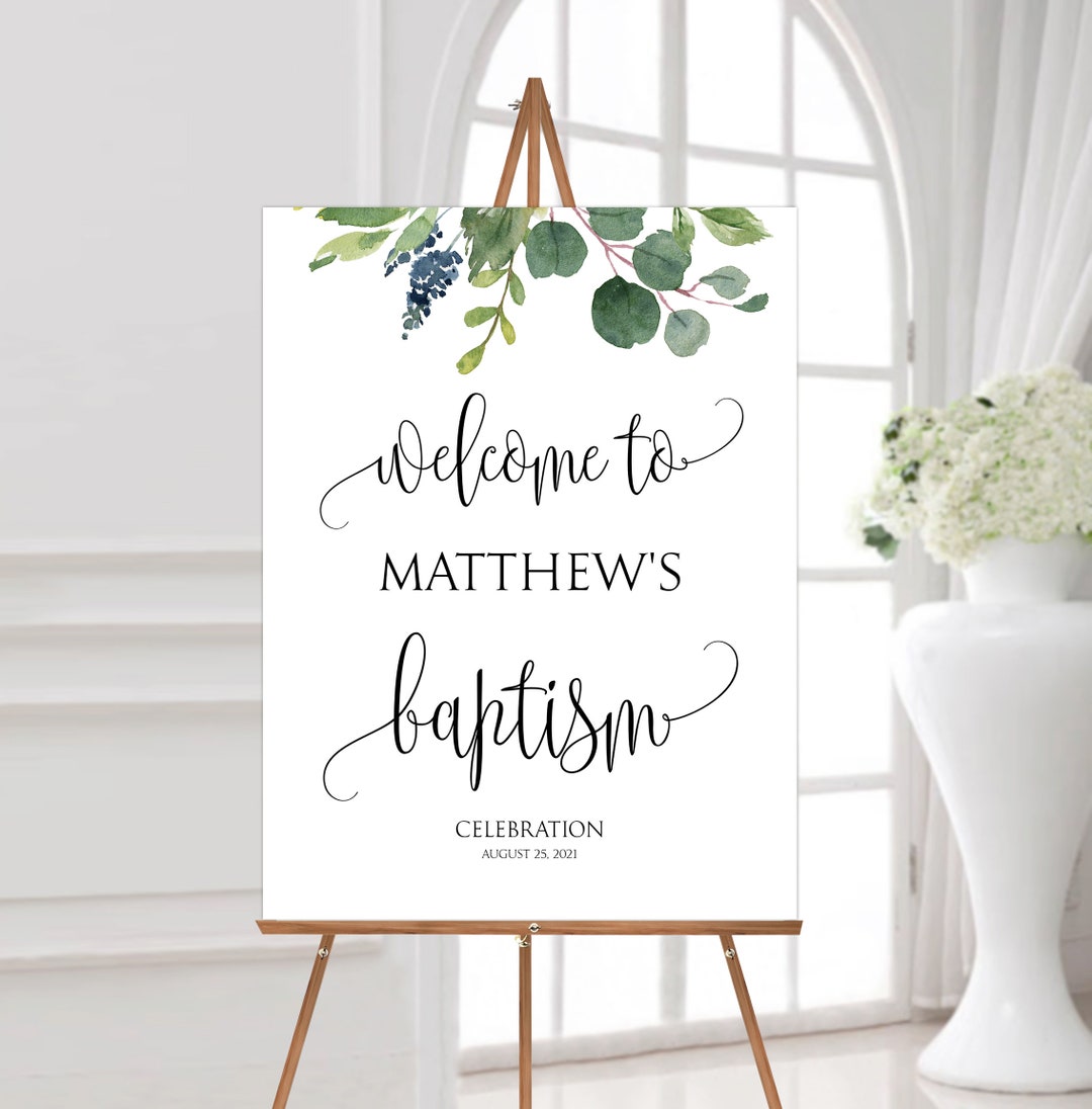 Baptism Welcome Sign, Greenery Baptism Welcome Sign, Editable Baptism ...