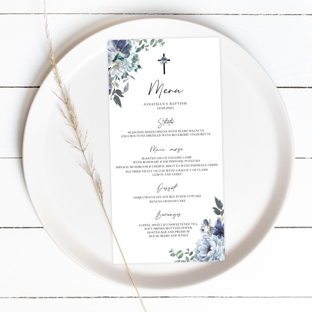 Blue Floral Baptism Menu Card Template, Boy Religious Menu Card, 100% ...