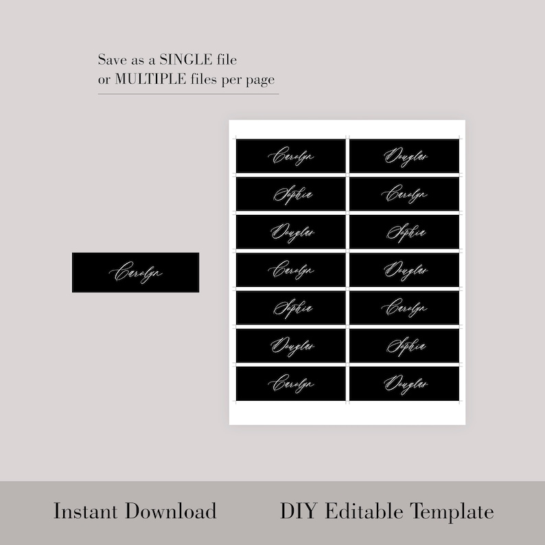 Black Name Tag Template, Minimal Name Tag, Slim Wedding Place Card ...