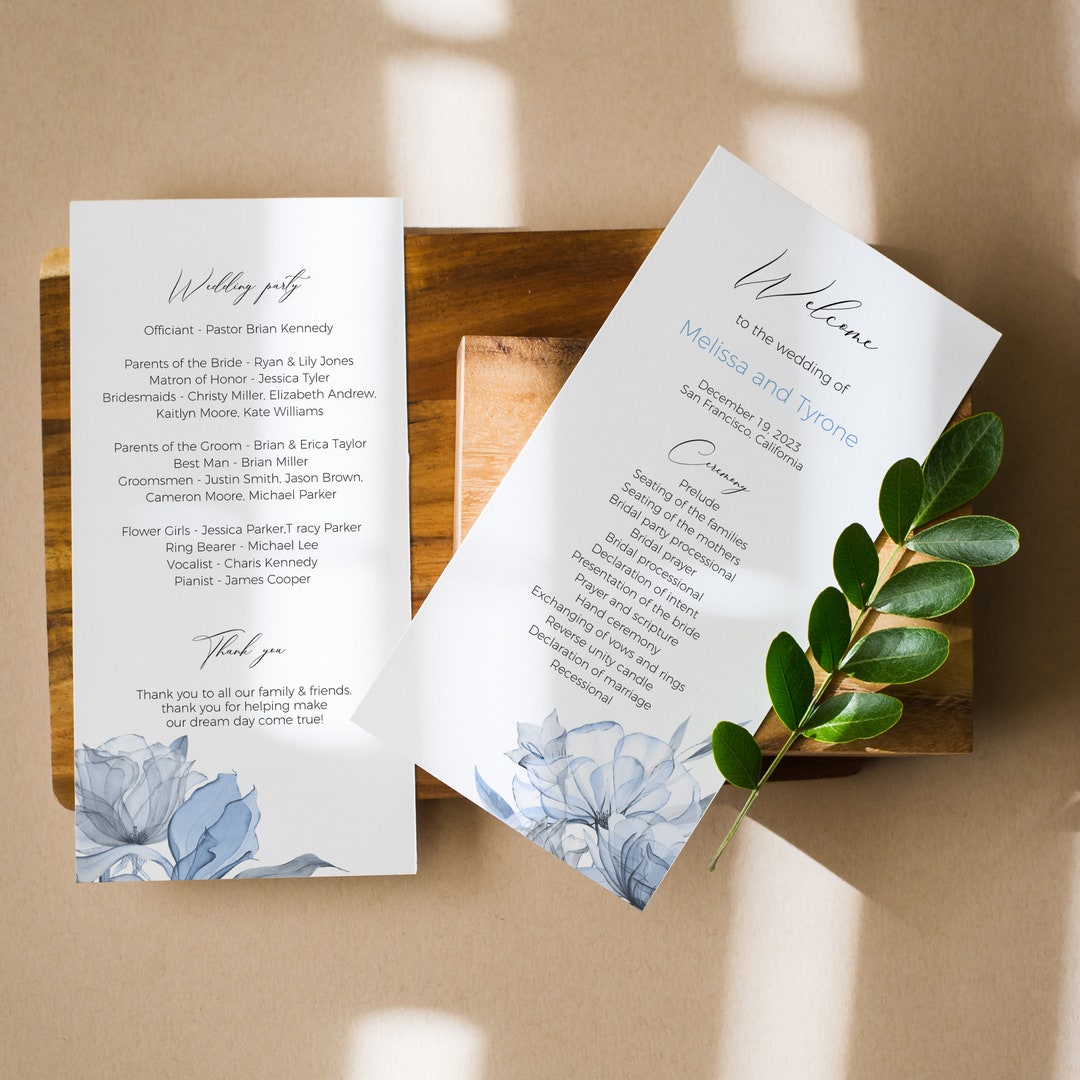 Dusty Blue Wedding Program Template, Floral Ceremony Template, Winter ...