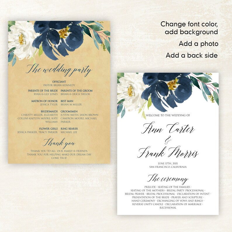 Fan Program Template, Navy Fan Program, Wedding Fan Program, Floral ...