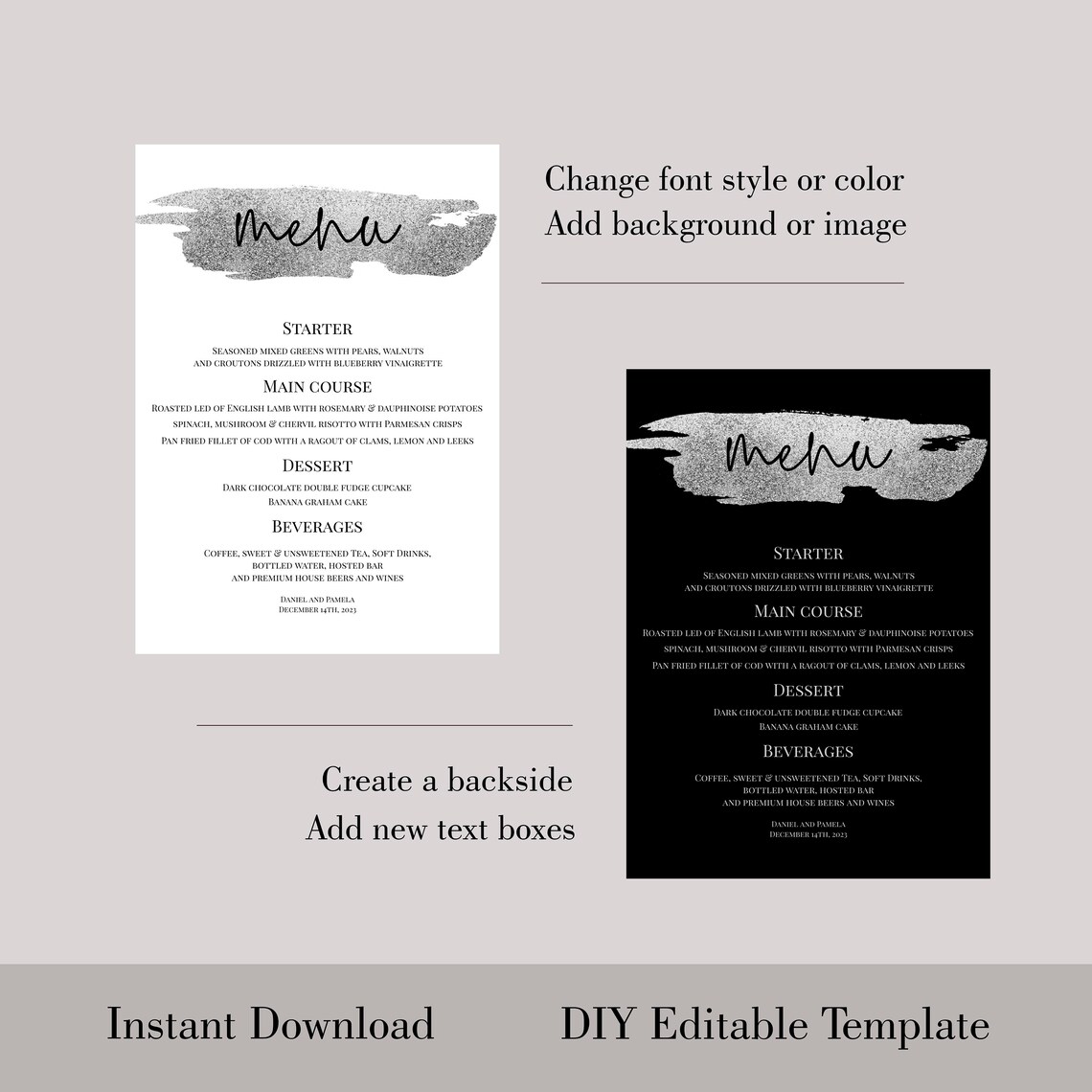 Black and Silver Menu Card Template Menu Template Modern - Etsy