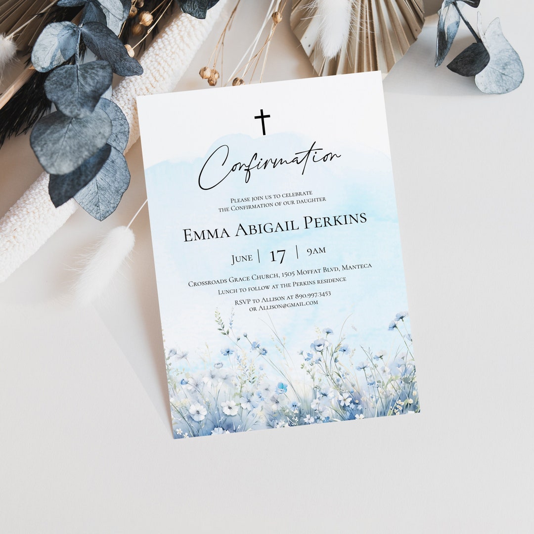 Blue Wildflower Confirmation Invitation Rustic Confirmation Template ...