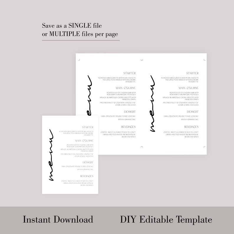 Minimalist Menu Card Template Simple Menu Cards Modern Menu - Etsy